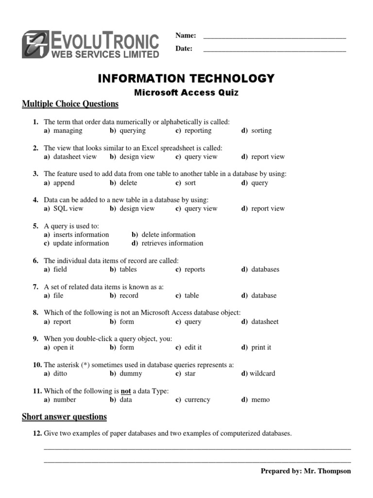 Information Technology: Microsoft Access Quiz Multiple Choice Questions ...