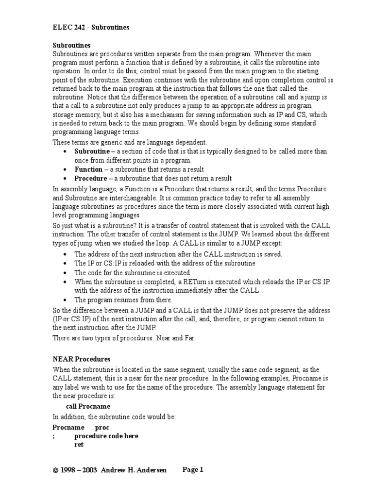 ELEC 242 - Subroutines Subroutines | PDF | Subroutine | Pointer (Computer Programming)