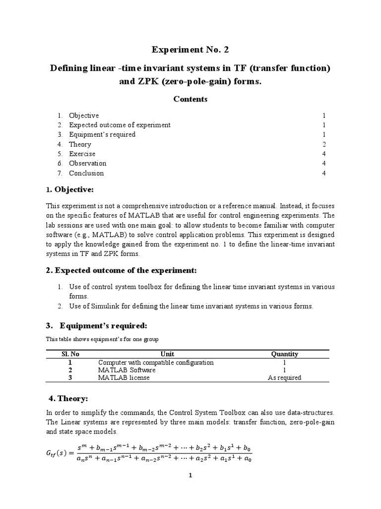Experiment No. 2 Defining Linear - Time Invariant Systems in TF ...