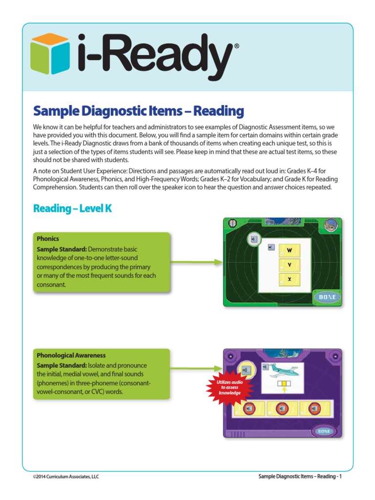 Iready Sample Diagnostic Items Reading | PDF | Phonics | Reading ...