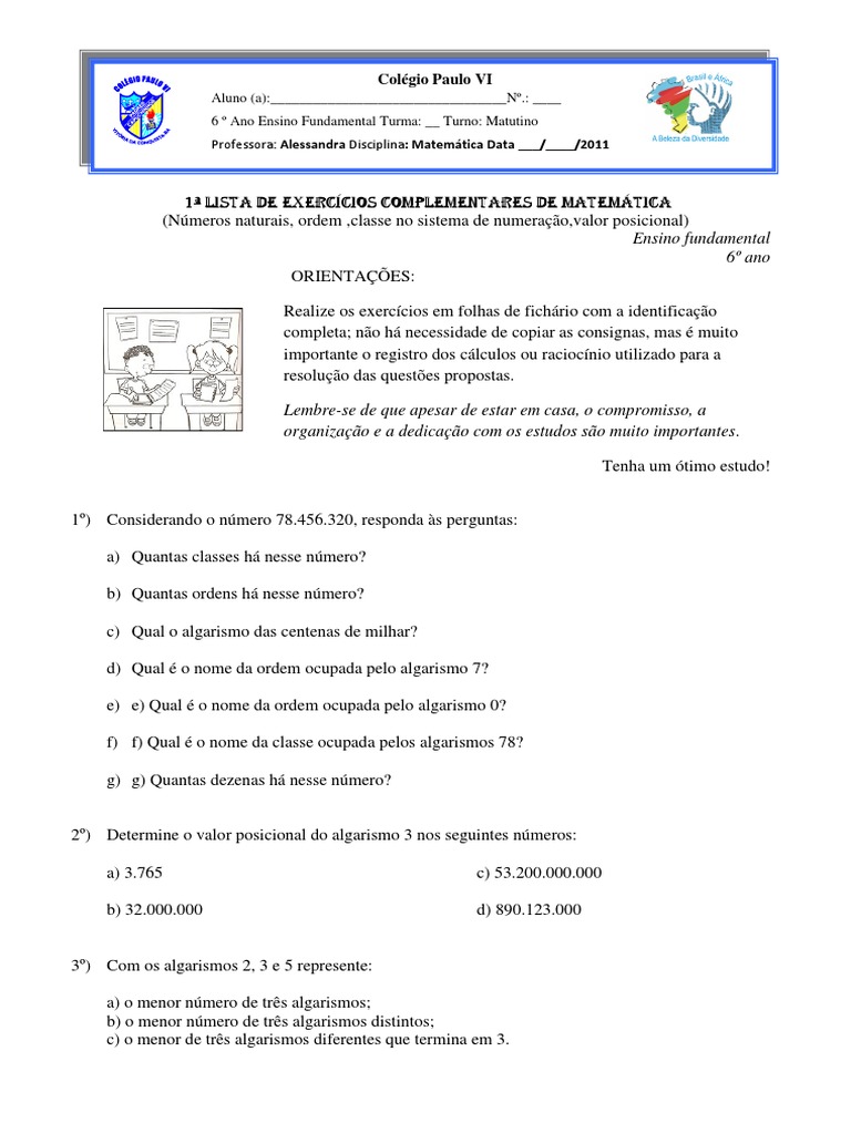 1 Exercicio Complementar Matematica PDF | PDF | Números | Lexicologia