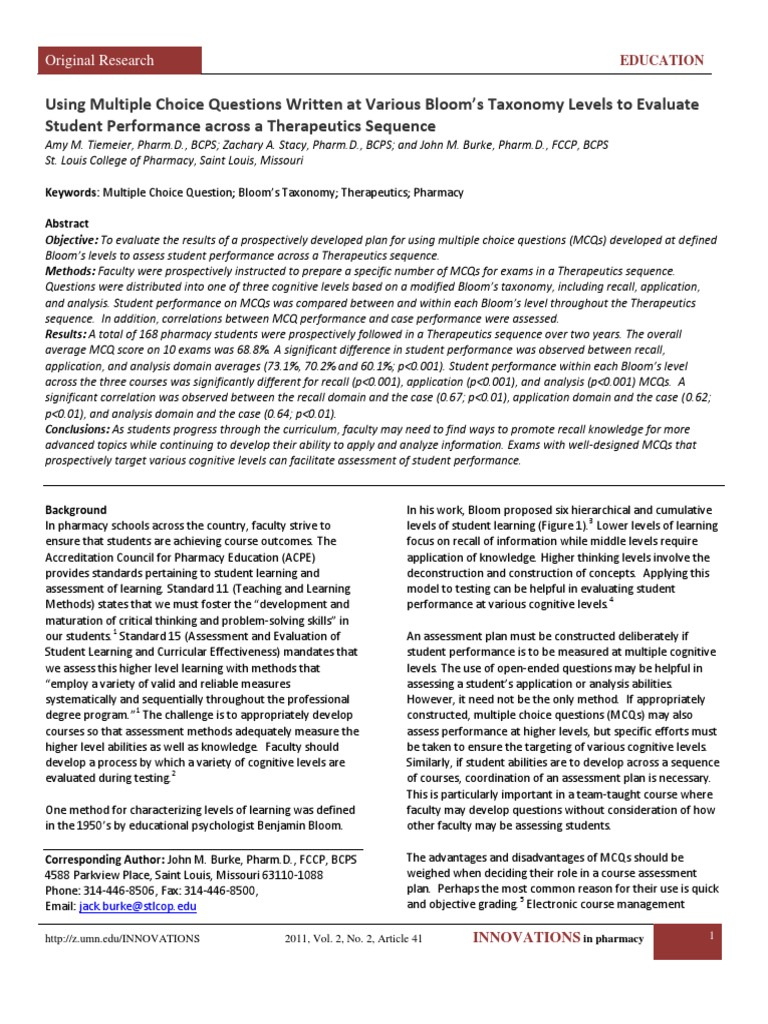 Using Multiple Choice Questions Written at Various Bloom's Taxonomy ...