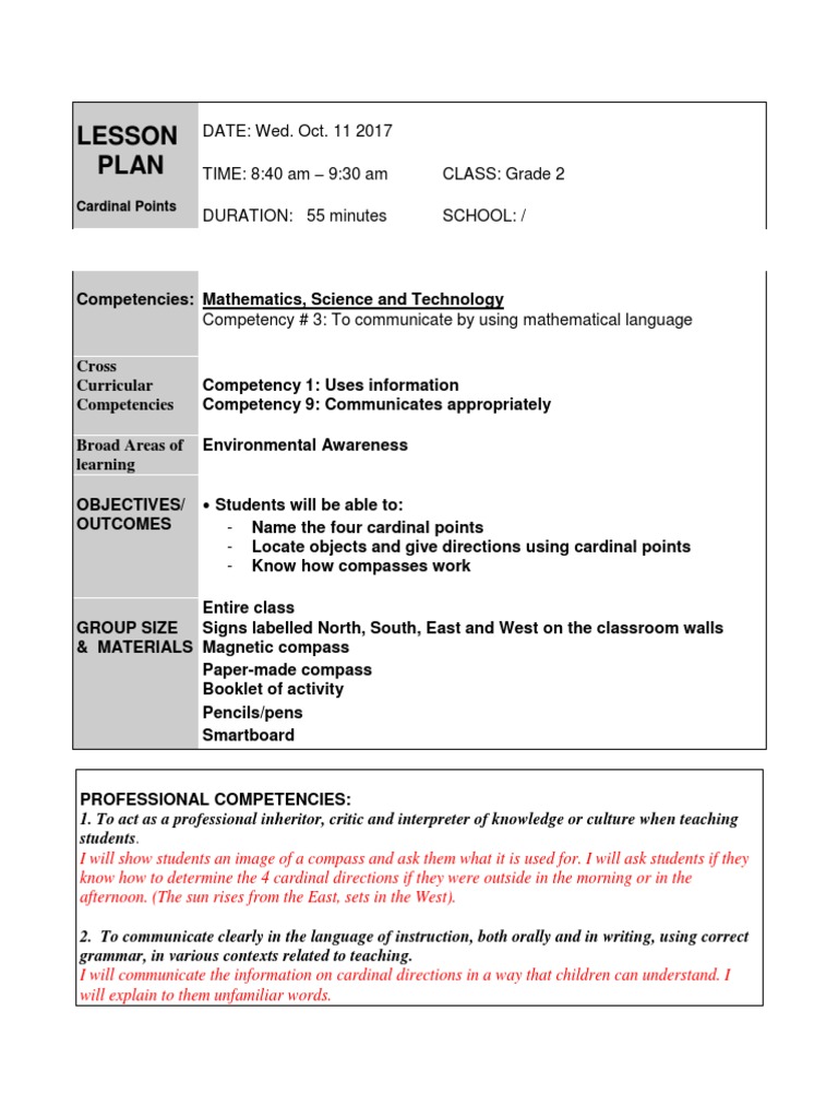 Lesson Plan Cardinal Directions | PDF | Educational Technology | Teachers