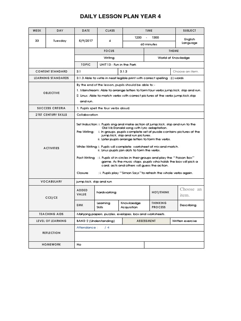 Daily Lesson Plan Year 4: Choose An Item | PDF | Lesson Plan | Cognition