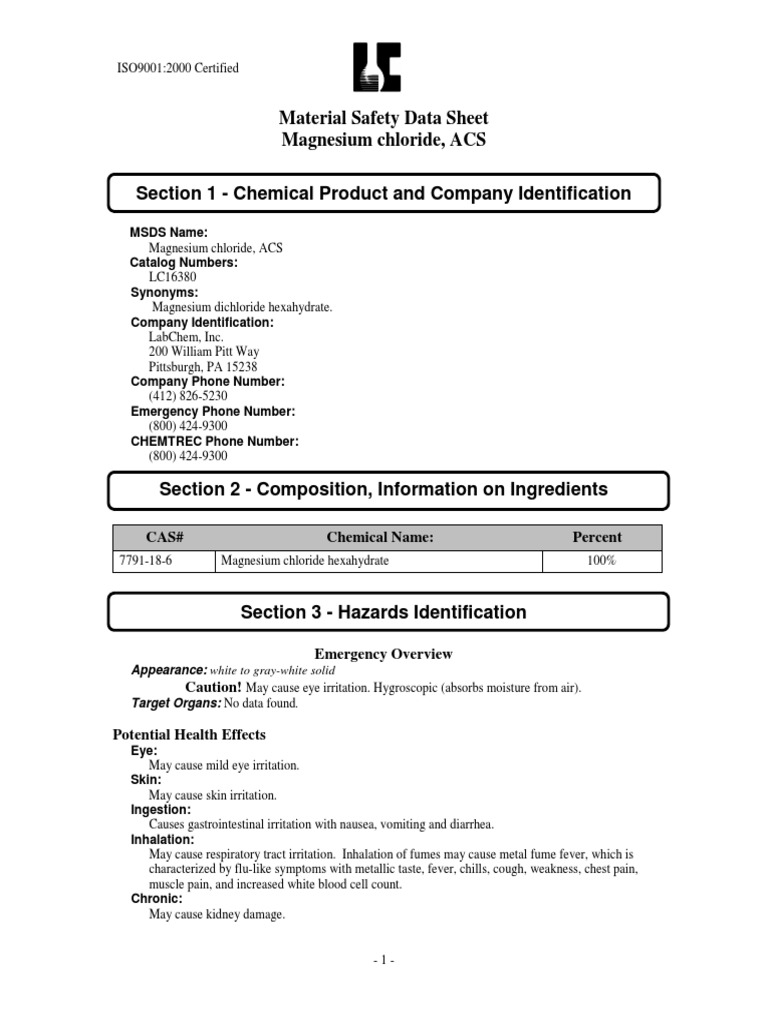 Magnesium Chloride MSDS Overview | PDF | Chlorine | Personal Protective ...