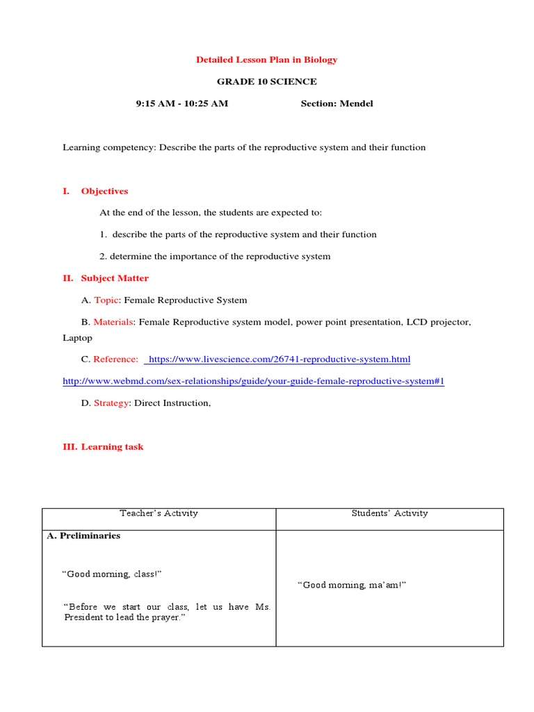 Detailed Lesson Plan in Biology - Rhea | PDF | Uterus | Reproductive System