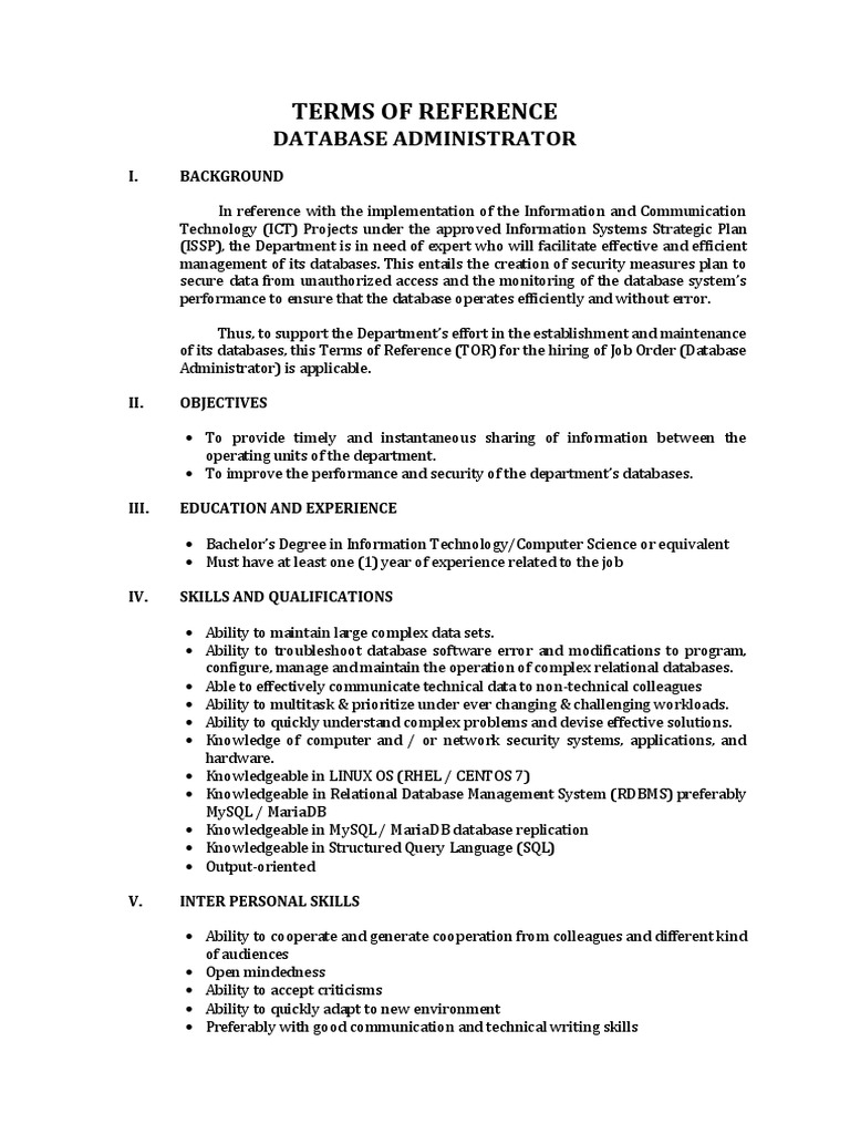Terms of Reference: Database Administrator | PDF | Databases ...