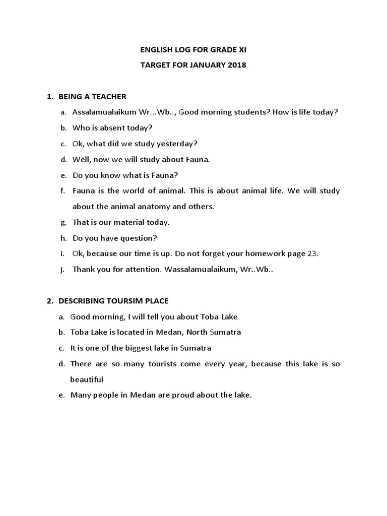 English Log for Grade XI: January 2018 | PDF