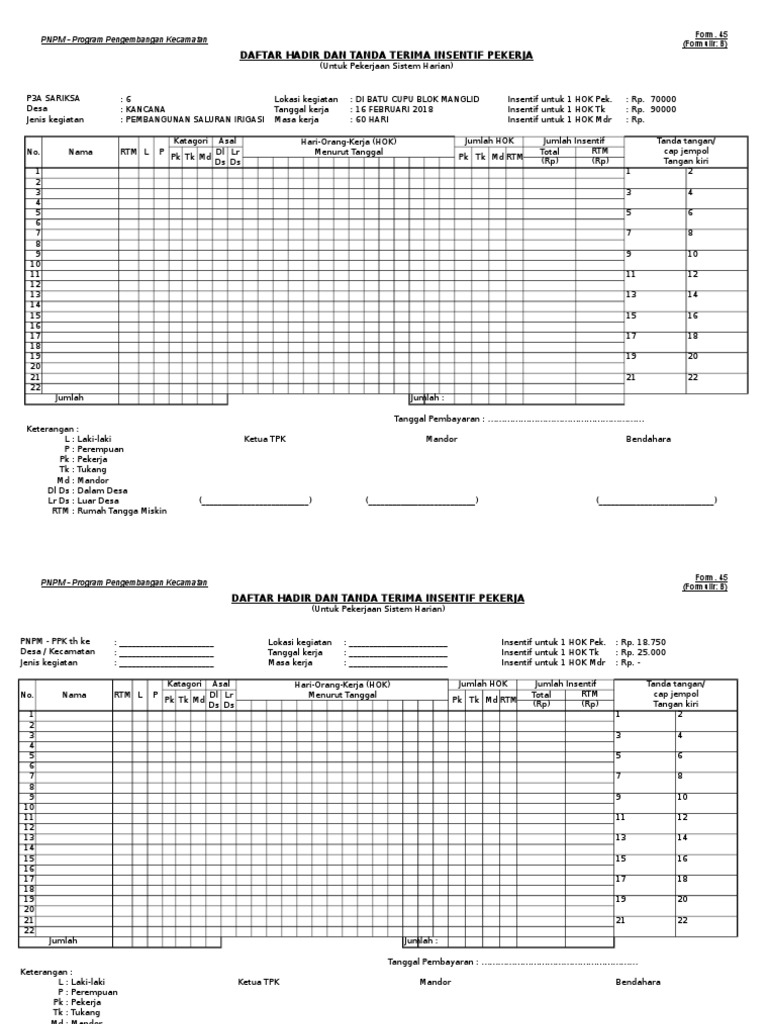 Form 45 Hok Sisitem Harian Form B Infras Edit RTM | PDF