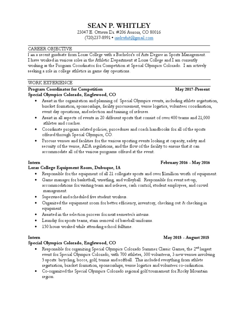 Sean Whitley Resume | PDF | Sports | Basketball
