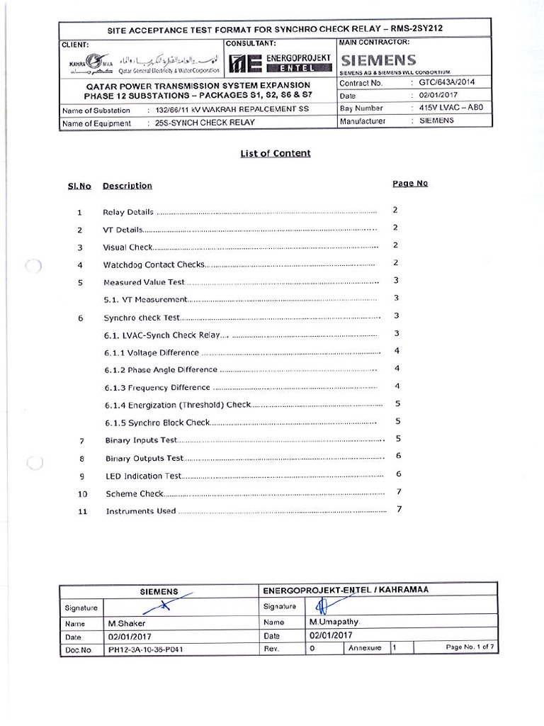 Synchro Check Relay Test Repor | PDF