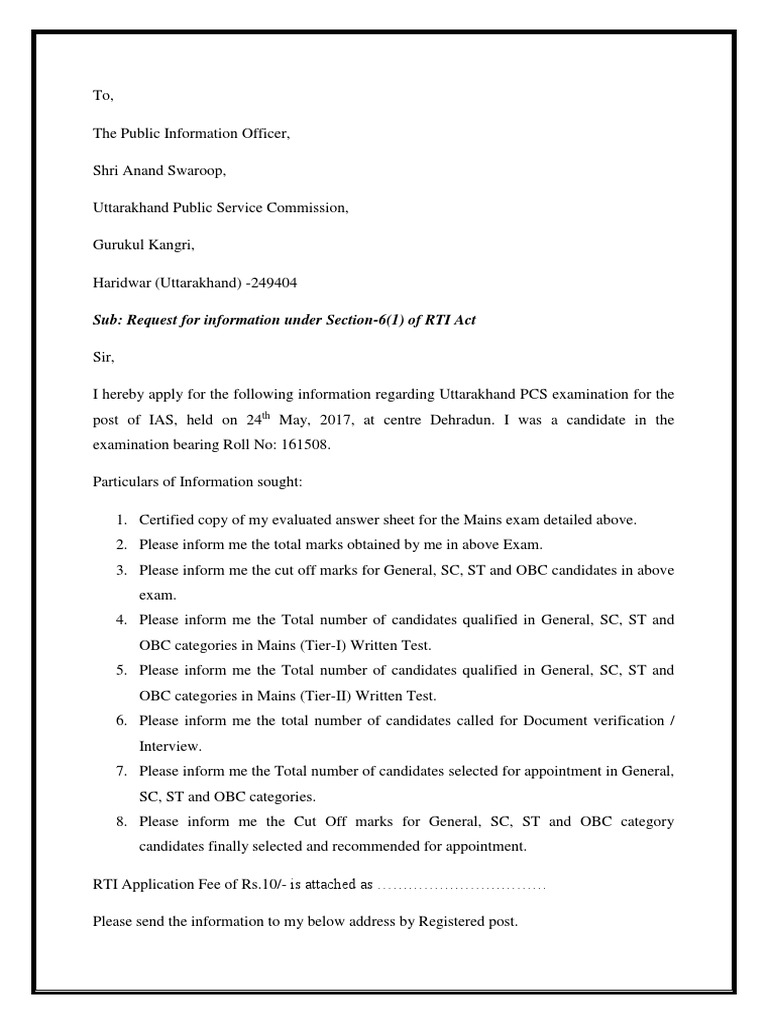 Sub: Request For Information Under Section-6 (1) of RTI Act | PDF