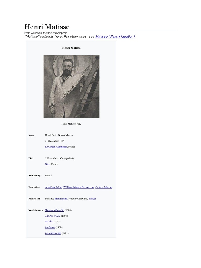 Henri Matisse: "Matisse" Redirects Here. For Other Uses, See | Download ...