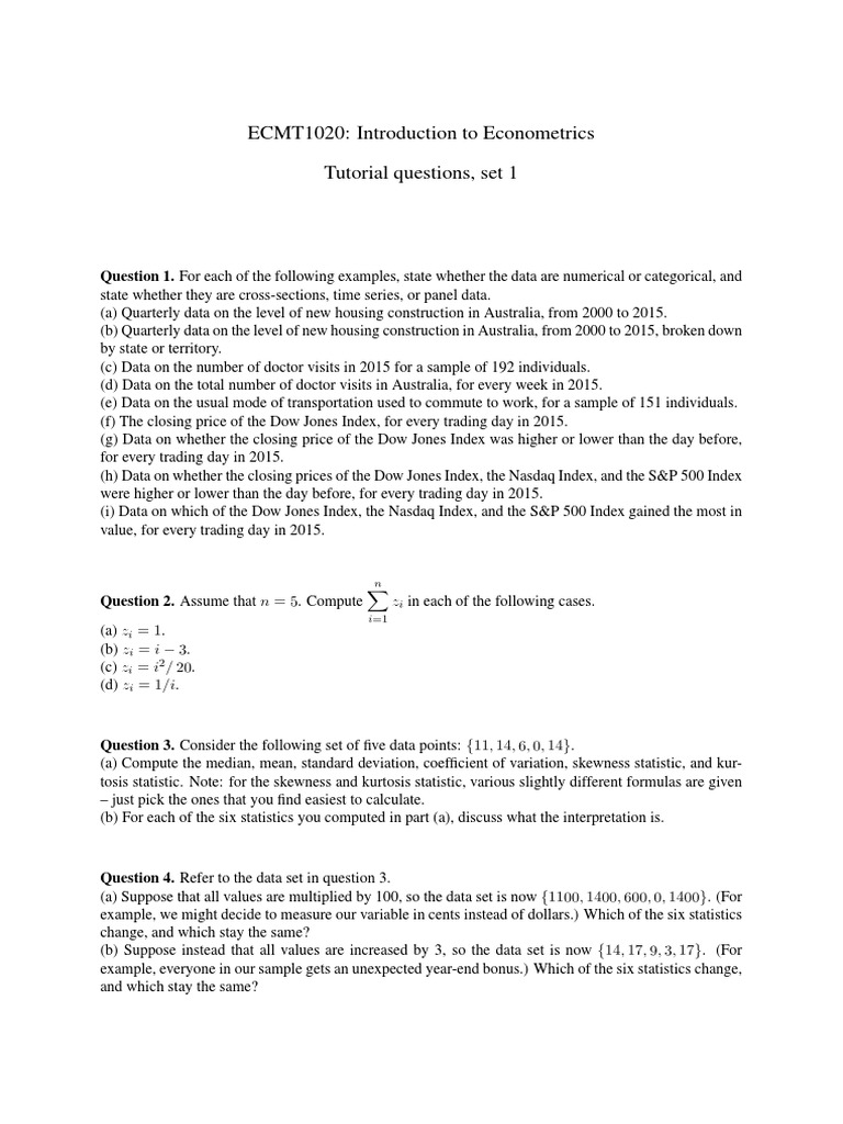 ECMT1020 - Week 02 Workshop PDF | PDF | Skewness | Standard Deviation