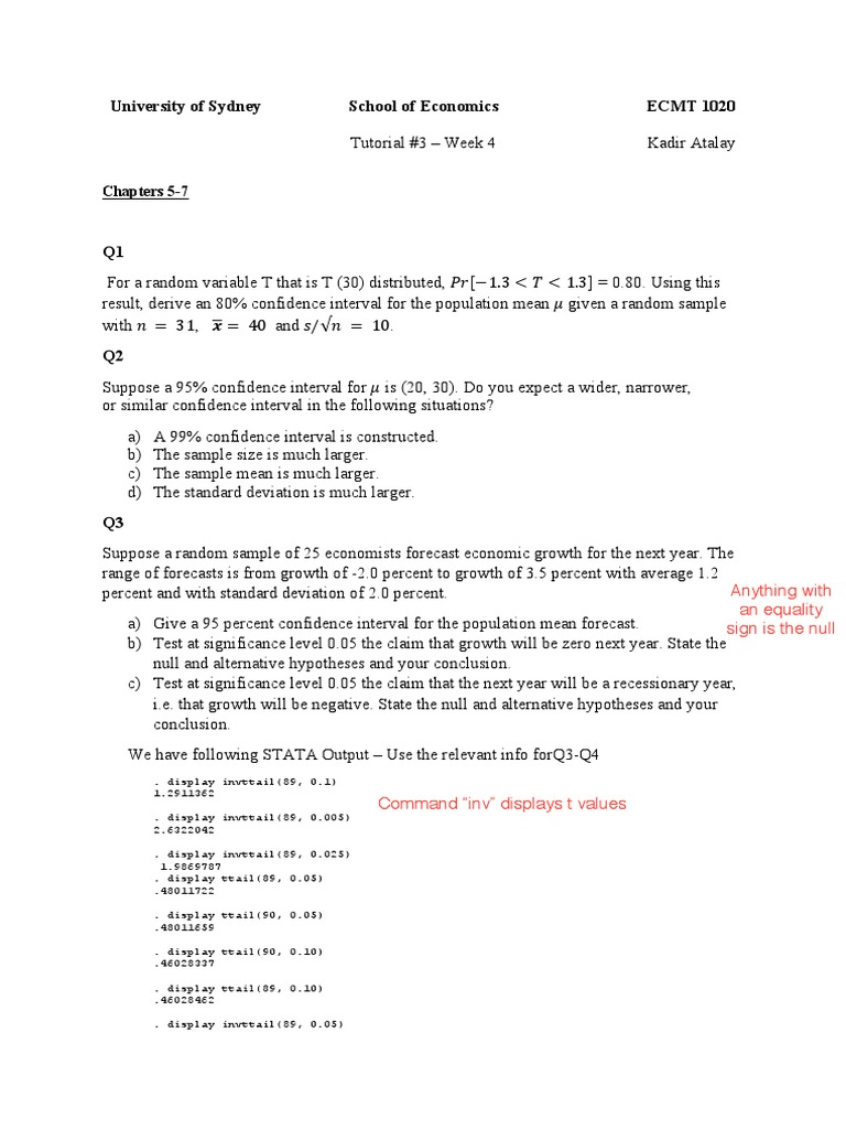 ECMT1020 - Week 04 Workshop PDF | PDF | Null Hypothesis | Statistical ...