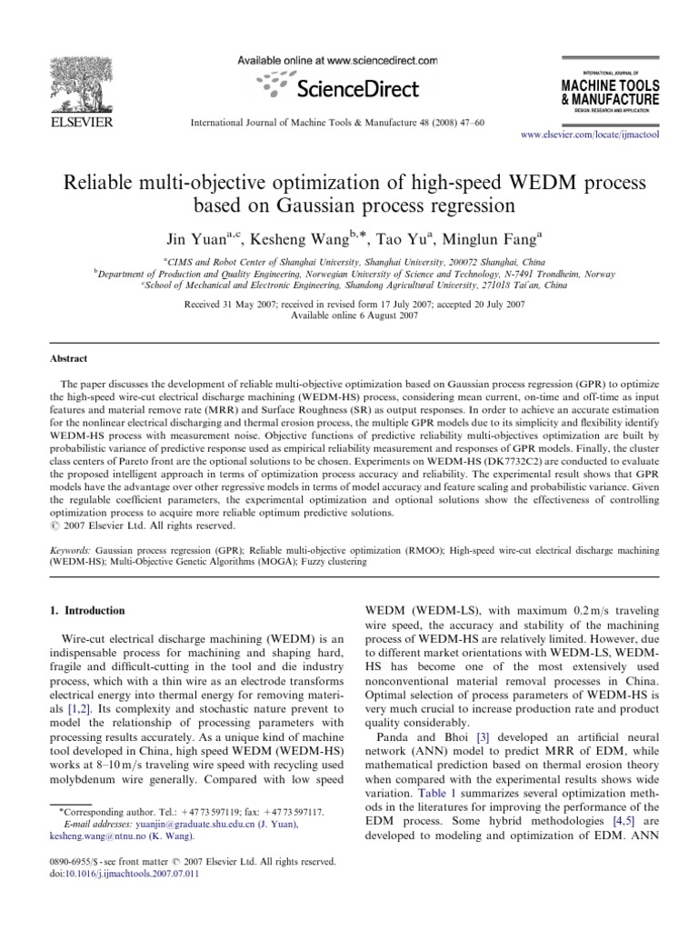 Reliable Multi-Objective Optimization of High-Speed WEDM Process Based On Gaussian Process ...