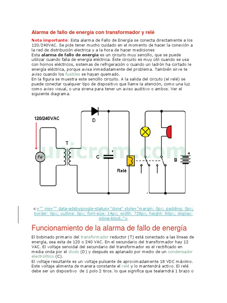 Alarma de fallo de energía con transformador y relé | PDF