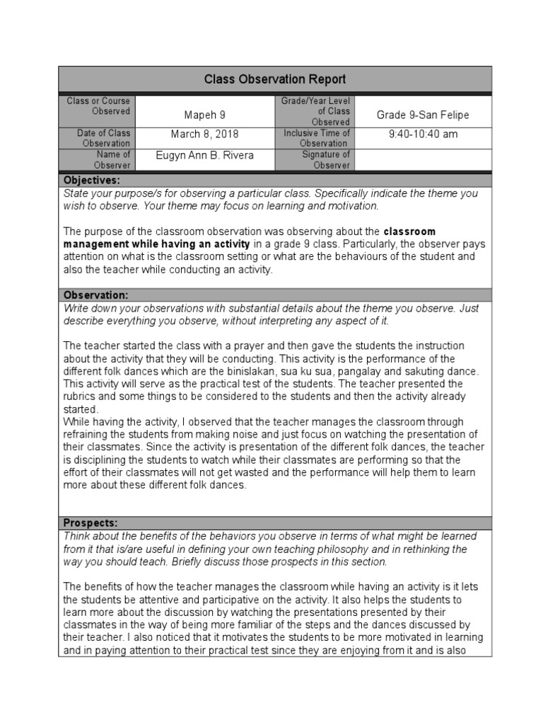 Artifact 4 - Classroom Observation | PDF | Classroom | Teachers