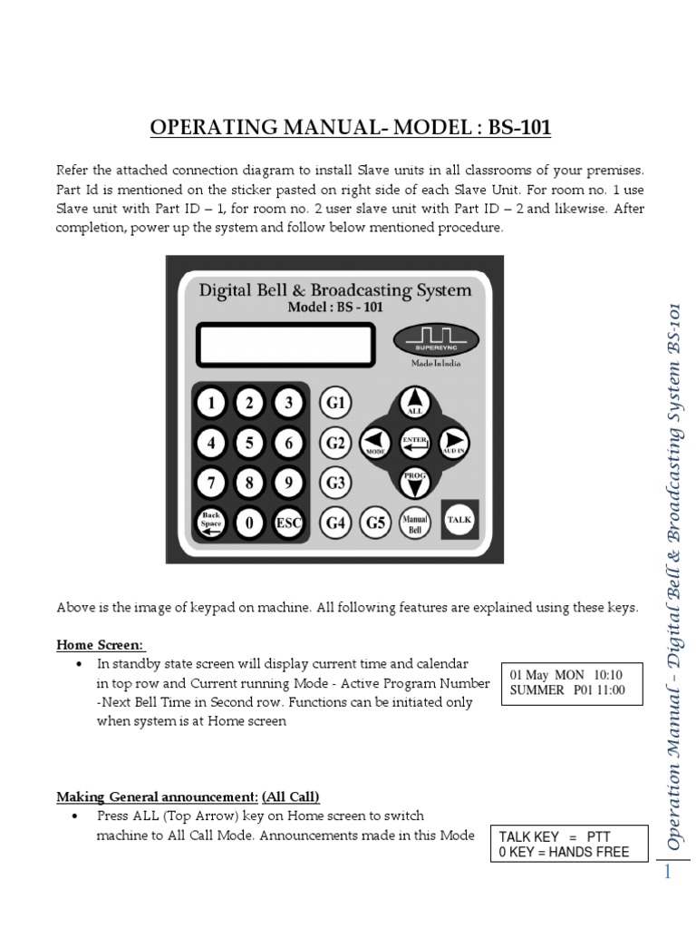 Digital Bell Broadcasting System OPERATING MANUAL BS101 | PDF | Menu ...