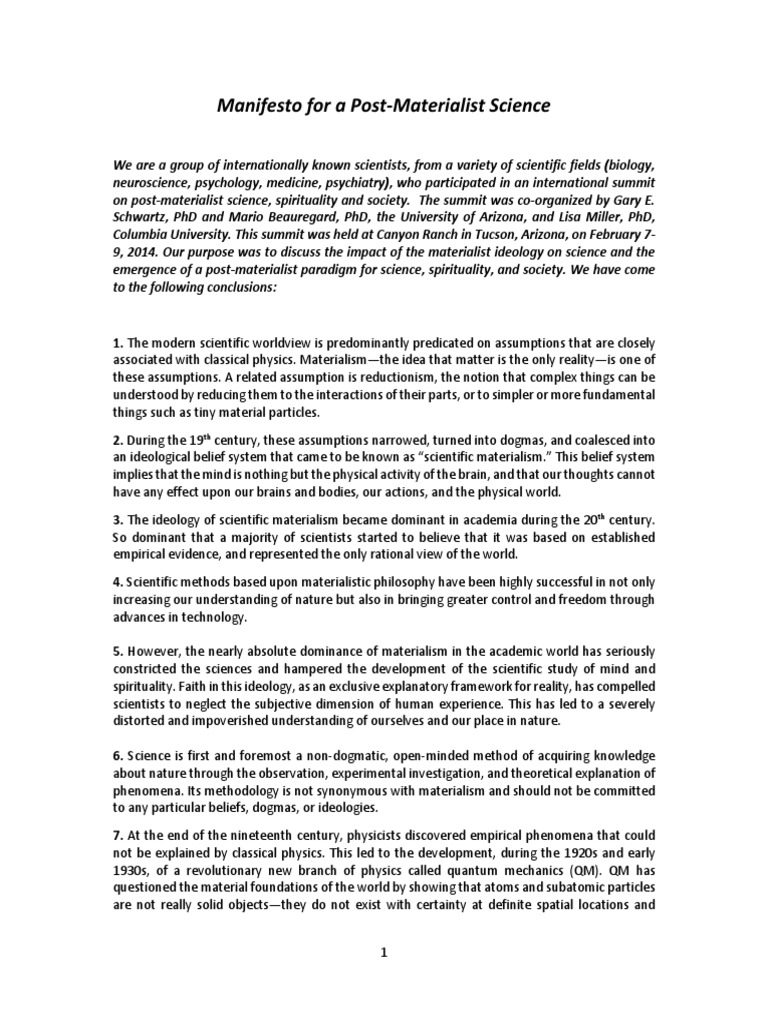Manifesto For A Post Materialist Science | PDF | Materialism | Mind