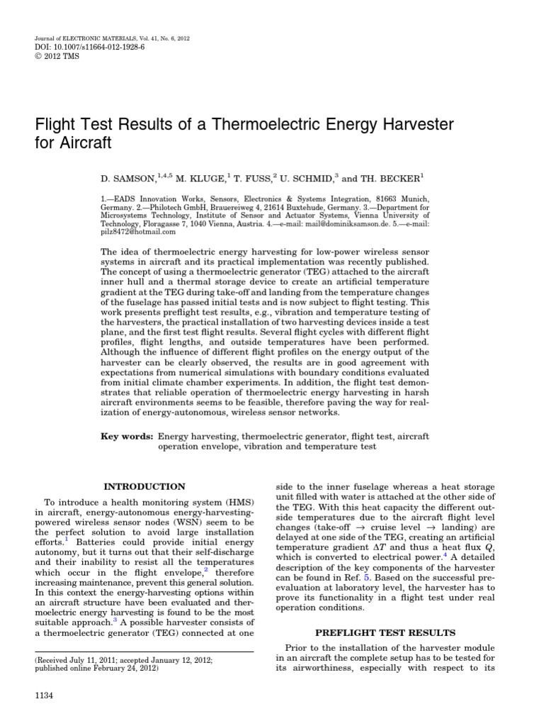 Flight Test Results of A Thermoelectric Energy Harvester For Aircraft ...