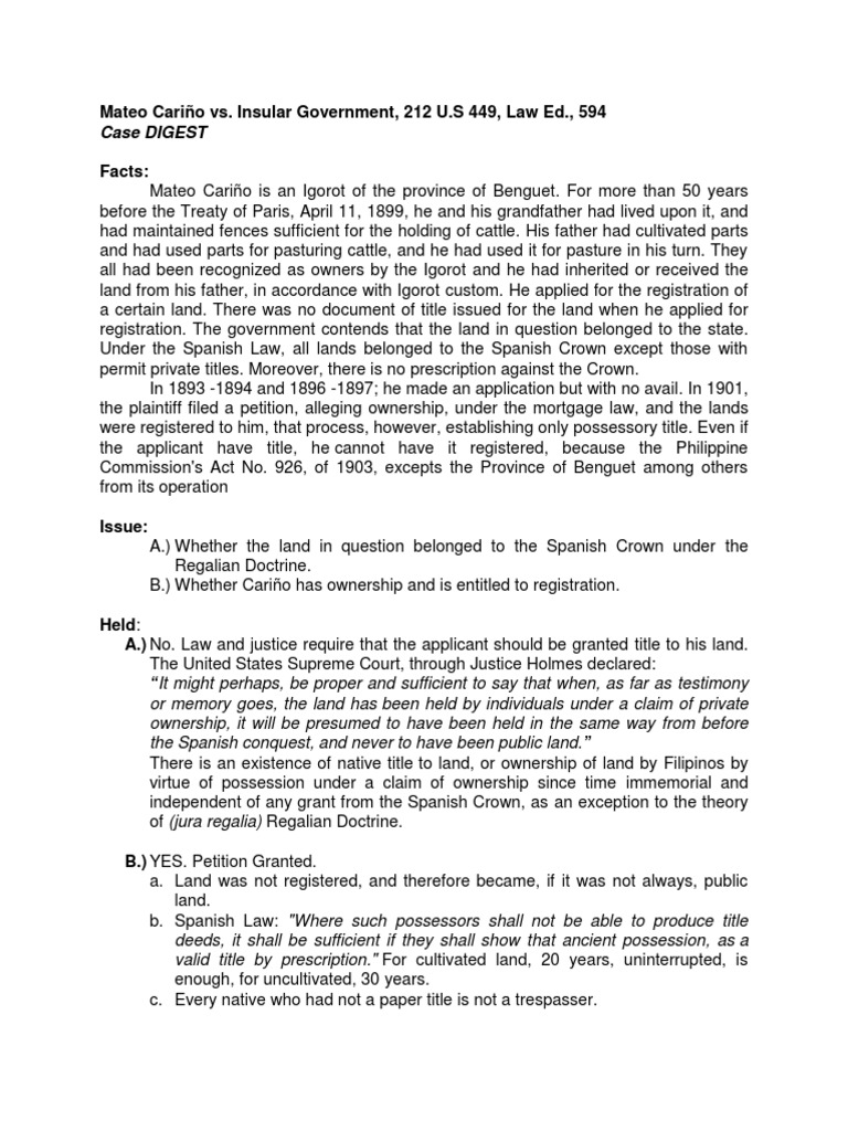 Cariño vs. Insular Government Land Ownership Case | PDF | Ownership ...