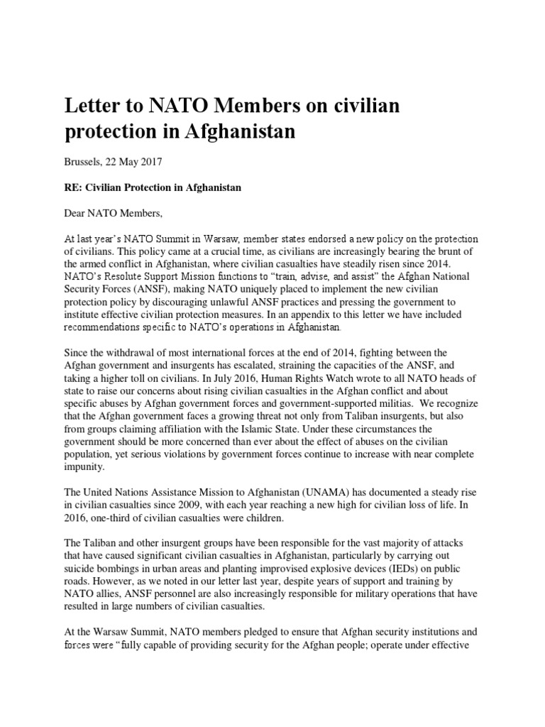 Letter To NATO Members On Civilian Protection in Afghanistan | PDF ...