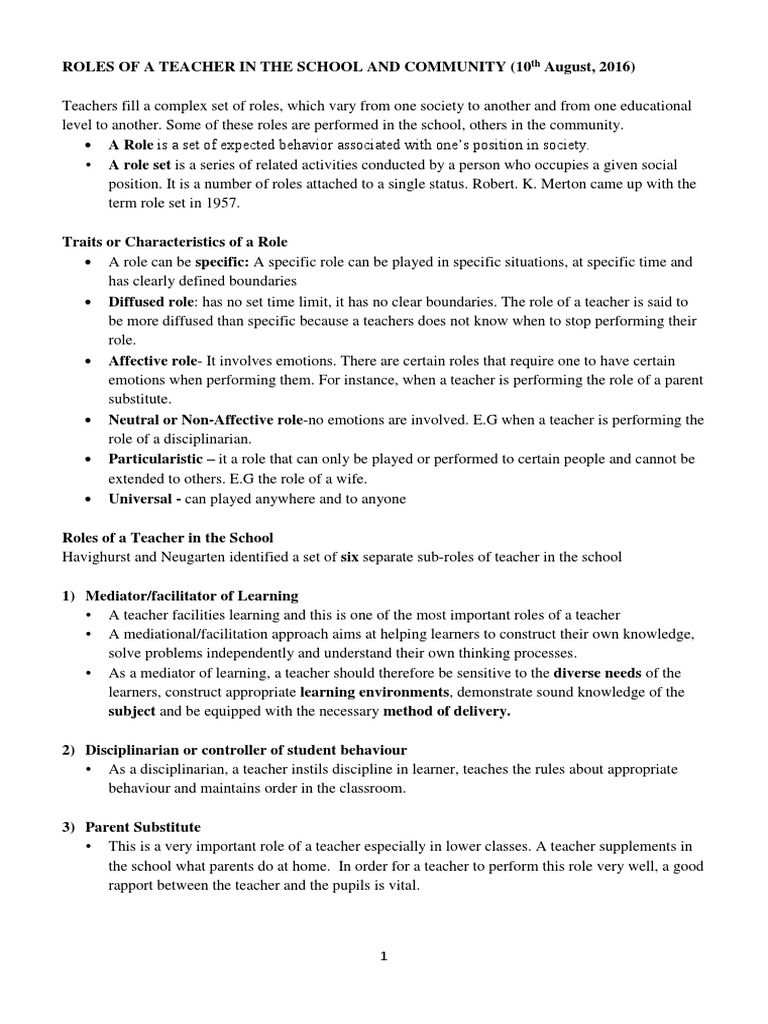 Handout On Roles of A Teacher in The School and Community-4 | PDF ...