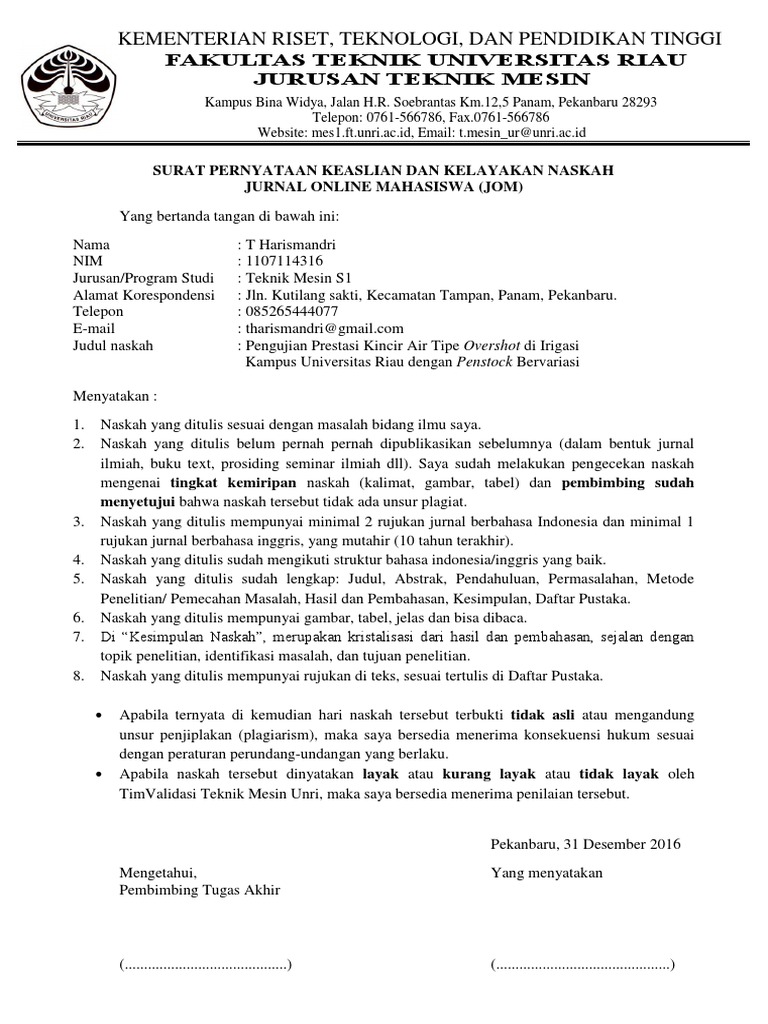 Surat Pernyataan Keaslian Dan Kelayakan Naskah | PDF
