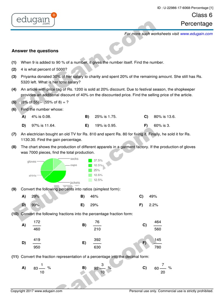 Class 6 Percentage: Answer The Questions | PDF | Percentage | Teaching ...