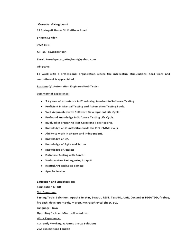 Qa Automation Testing Engineer Pdf Selenium Software Application Programming Interface