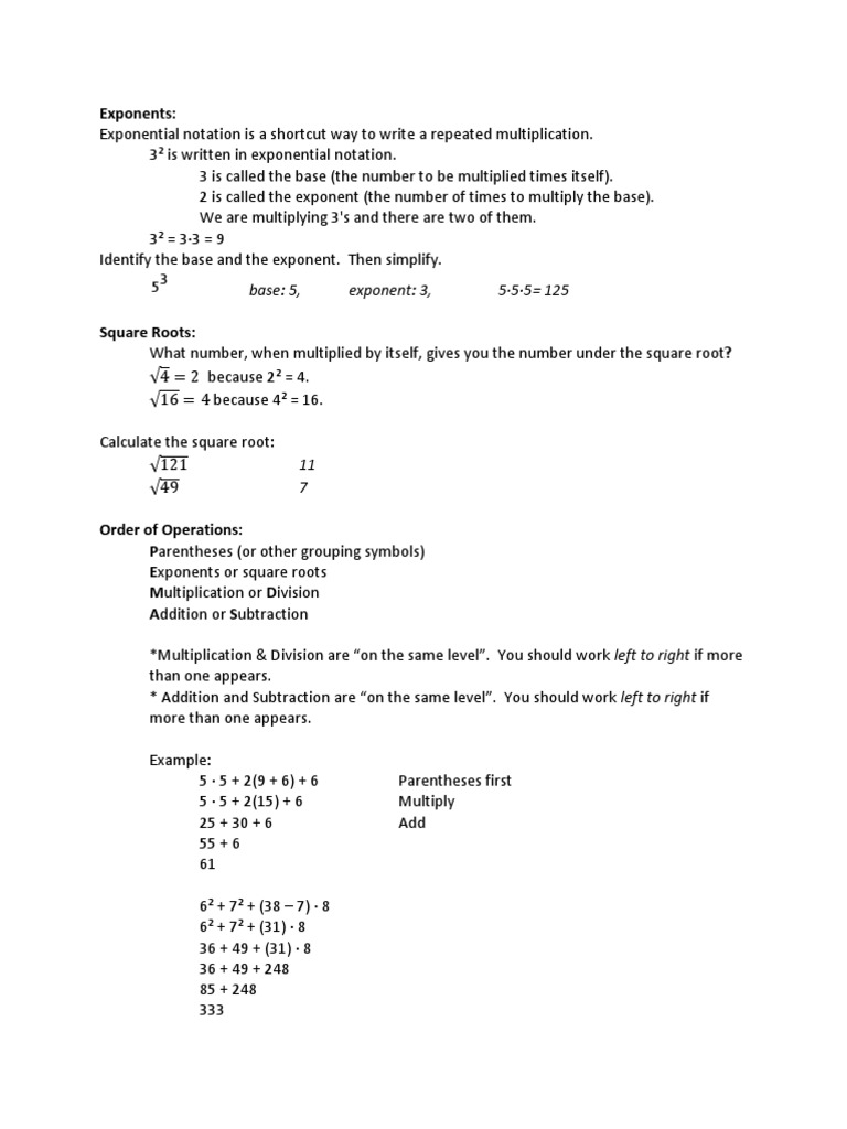 PEMDAS Square Roots and Exponents | PDF