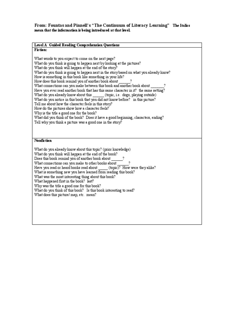 Fountas and Pinnell Comprehension Questions | PDF | Reading ...