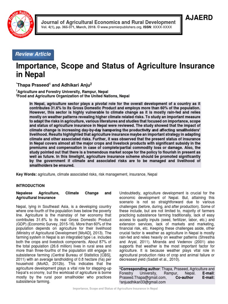 Importance, Scope and Status of Agriculture Insurance in Nepal | PDF ...
