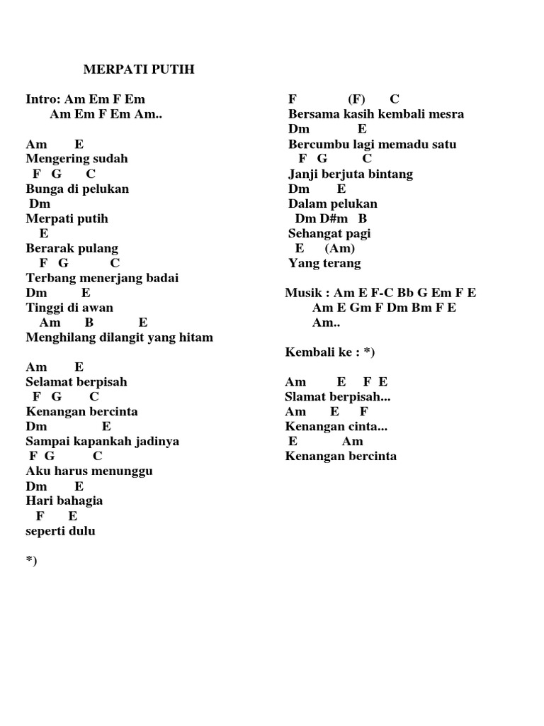 Chord dan Lirik Merpati Putih | PDF