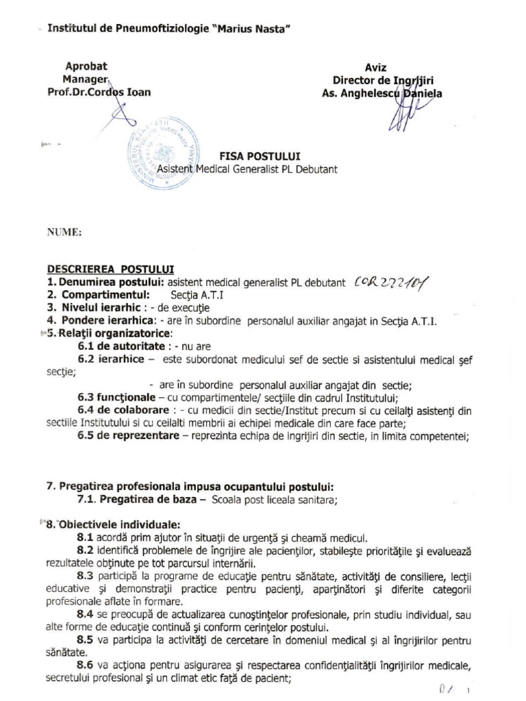 Fisa Post Asistent Medical Generalist Debutant PL | PDF