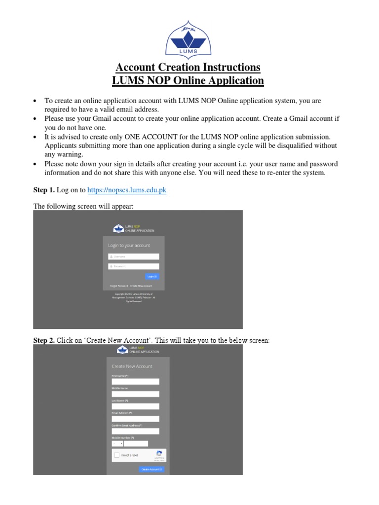 Account Creation Instructions LUMS NOP Online Application: Step 1. Log ...