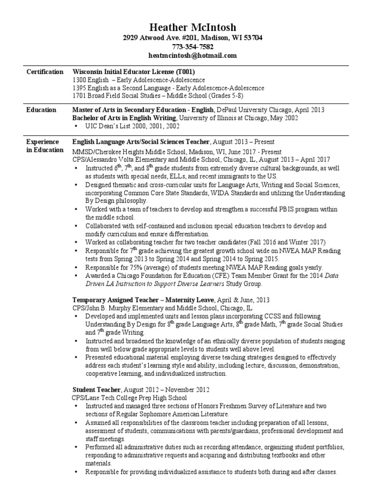 Heather Mcintosh Resume | PDF | Teachers | Curriculum