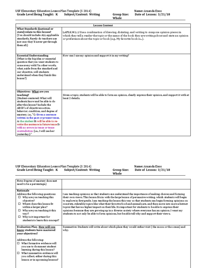 Name: Amanda Enos Grade Level Being Taught: K Subject/Content: Writing ...