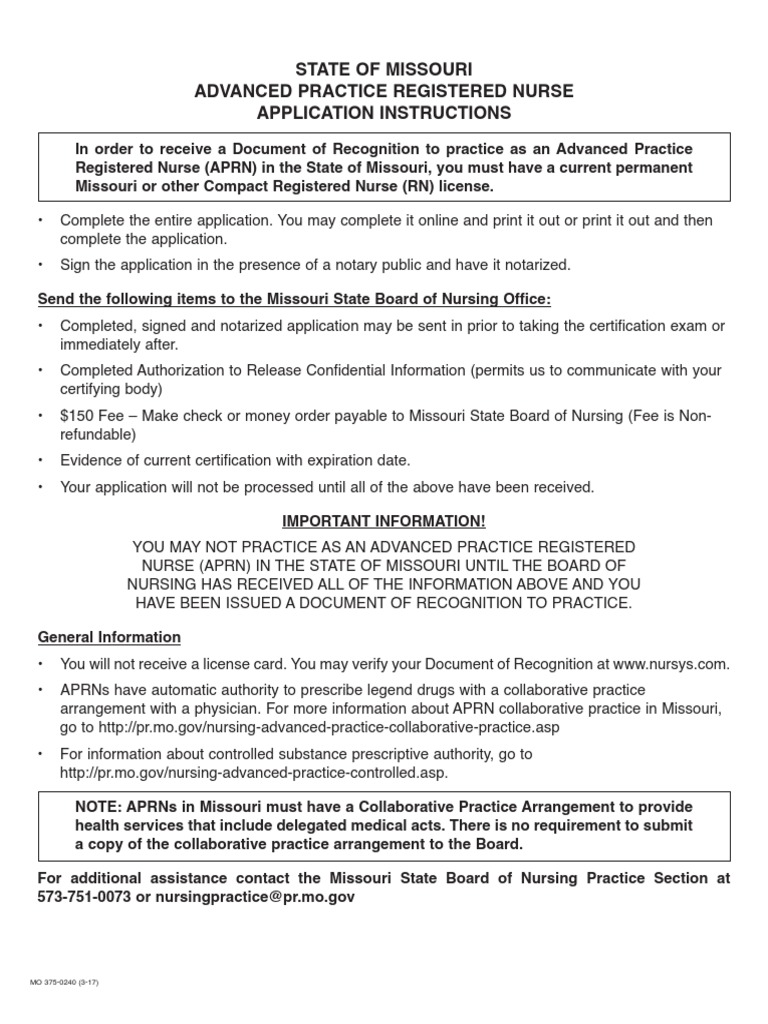 Missouri APRN Application Instructions | PDF | Notary Public | Nursing