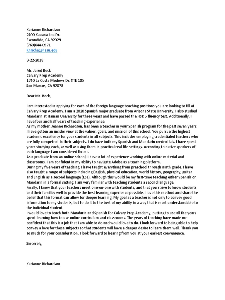 Cover Letter | PDF | English As A Second Or Foreign Language | Quality ...