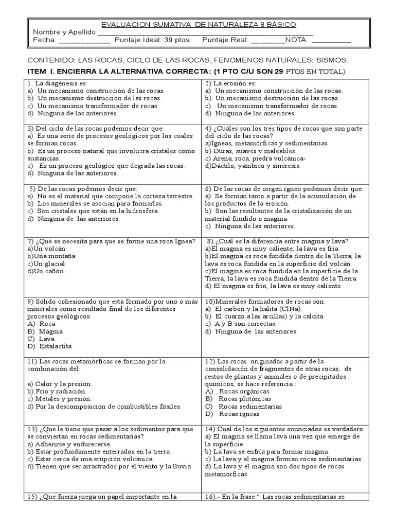 Evaluacion Ciclo de Las Rocas | PDF | Roca (geología) | Temblores