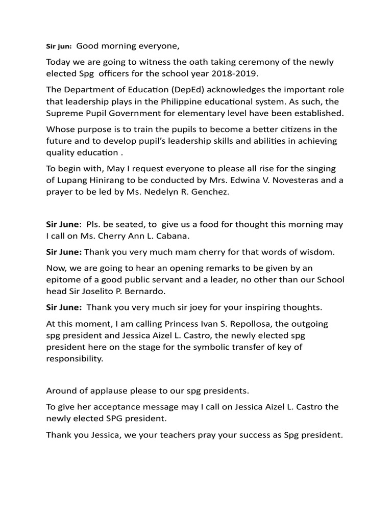 Script For Oath Taking Ceremony | PDF | Self-Improvement