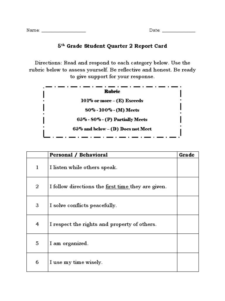 5 Grade Student Quarter 2 Report Card: Name: - Date | PDF | Self ...