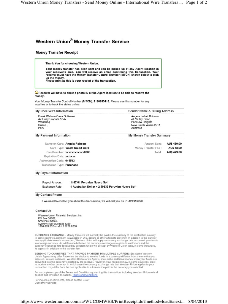 Western Union Money Transfer - $493 Pago | PDF | Western Union | Wire ...
