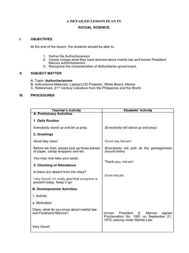 A Detailed Lesson Plan in SS | PDF | Lesson Plan | Authoritarianism