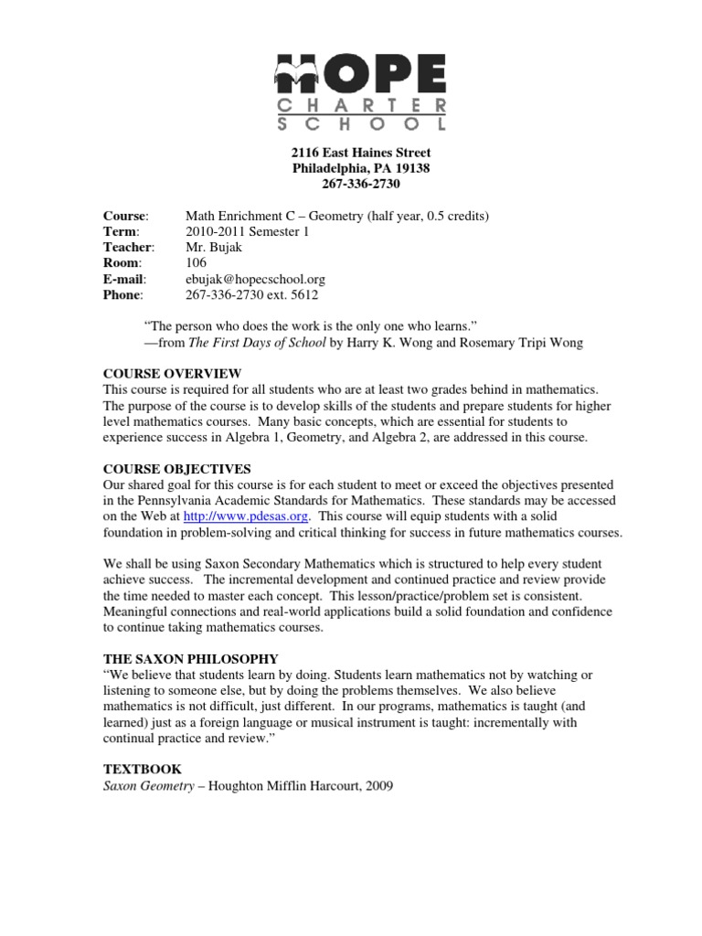 Course Syllabus - Math Enrichment C.Geometry - Bujak | PDF | Homework | Teaching Mathematics