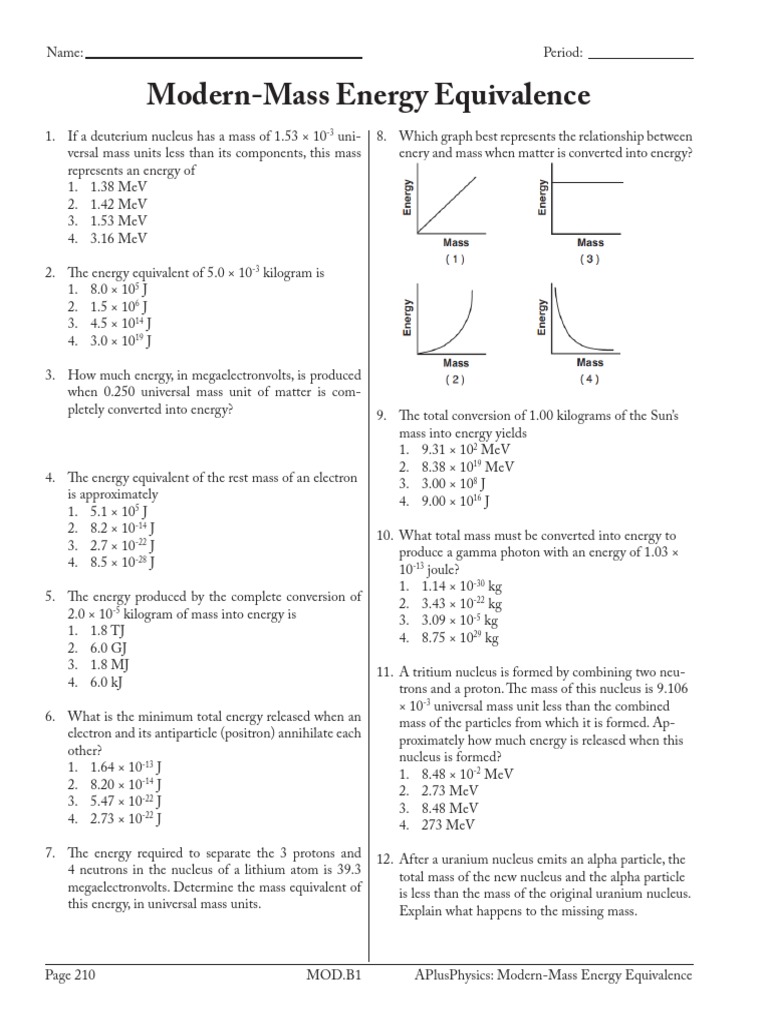 Modern Mass-Energy Equivalence Problems | PDF | Electronvolt | Atomic ...