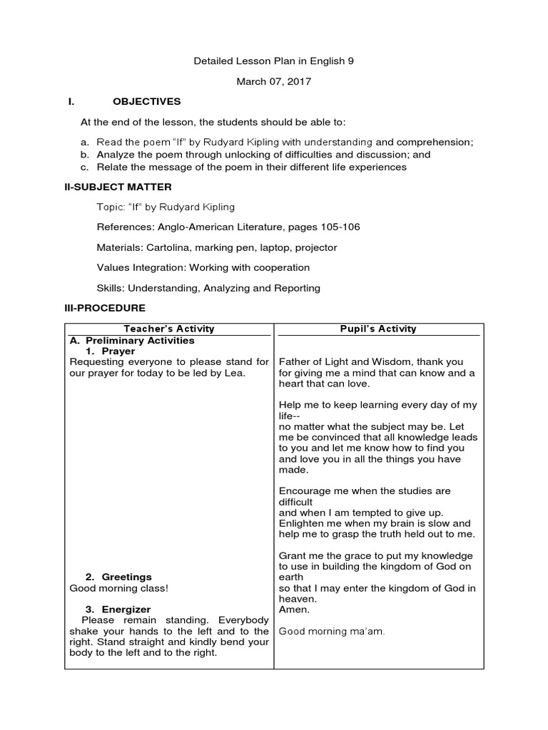 Grade 9 English Lesson Plan: "If" Poem Analysis | PDF | Lesson Plan ...