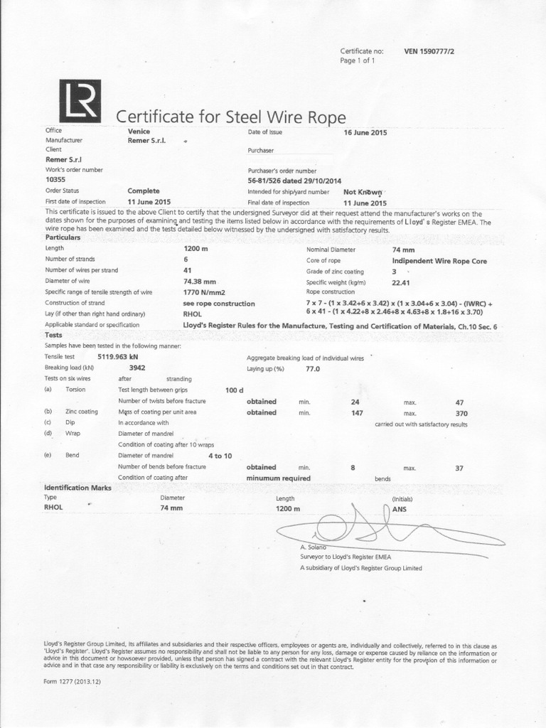 Certificate For Steel Wire Rope: vEN 1590777t2 | PDF | Wire | Rope